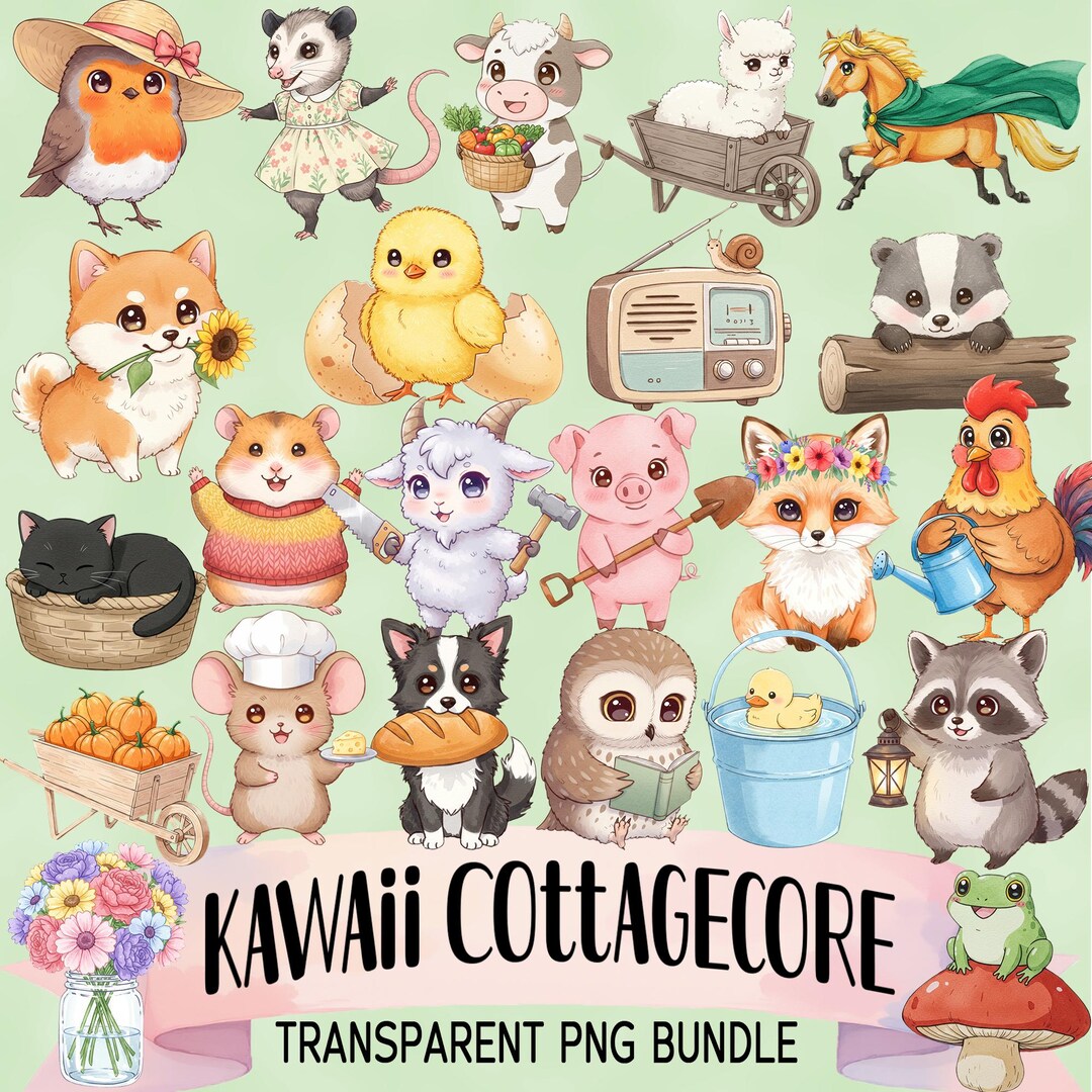 Kawaii Cottagecore Bundle, Cute Rural Animals Sublimation PNG Designs ...