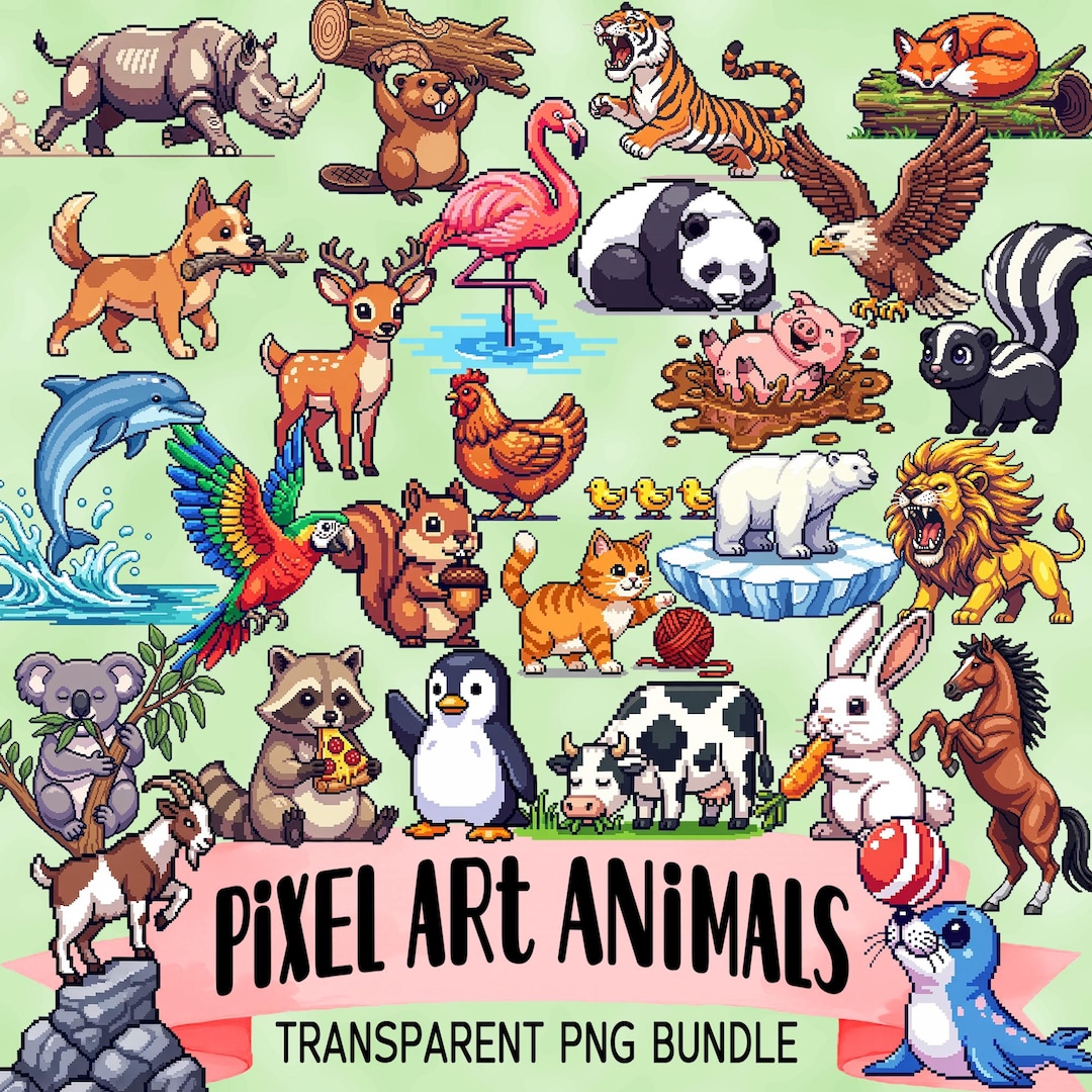 Pixel Art Animals Bundle: 44 Retro Game PNG Clipart Designs (digital ...