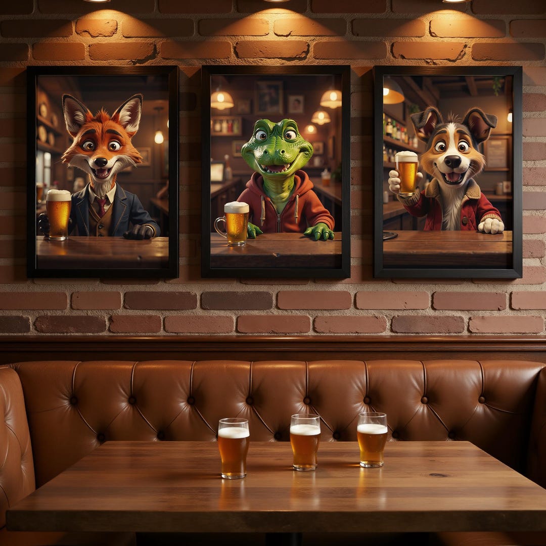 Animals Drinking Beer Bundle for Bar Wall Art - Restaurant Decor - Cute ...