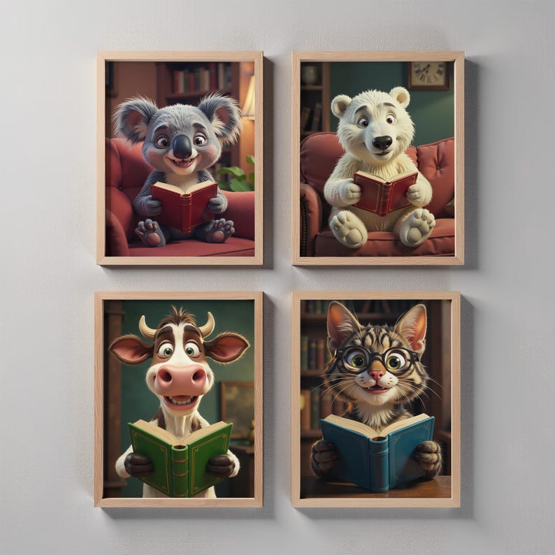 Animals Reading Bundle for Wall Art - Library Decor - Cute Book Lover ...