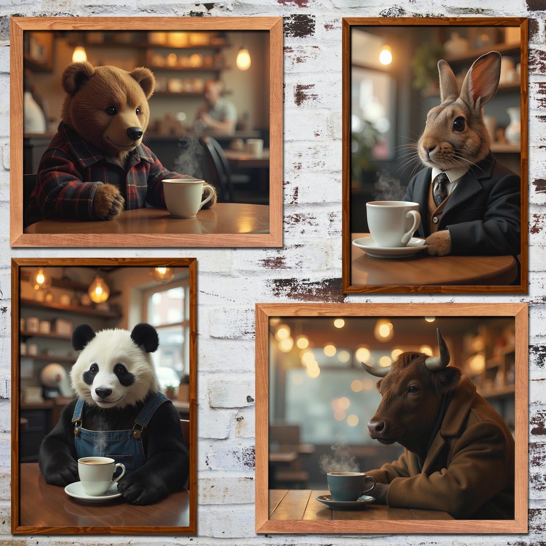 Animals Drinking Coffee, Wildlife Coffee Shop Decor - Restaurant Wall ...