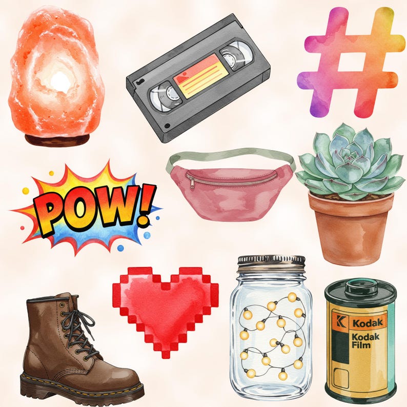 Millennial Aesthetic PNG Bundle, Watercolor Clipart, Retro Sublimation ...