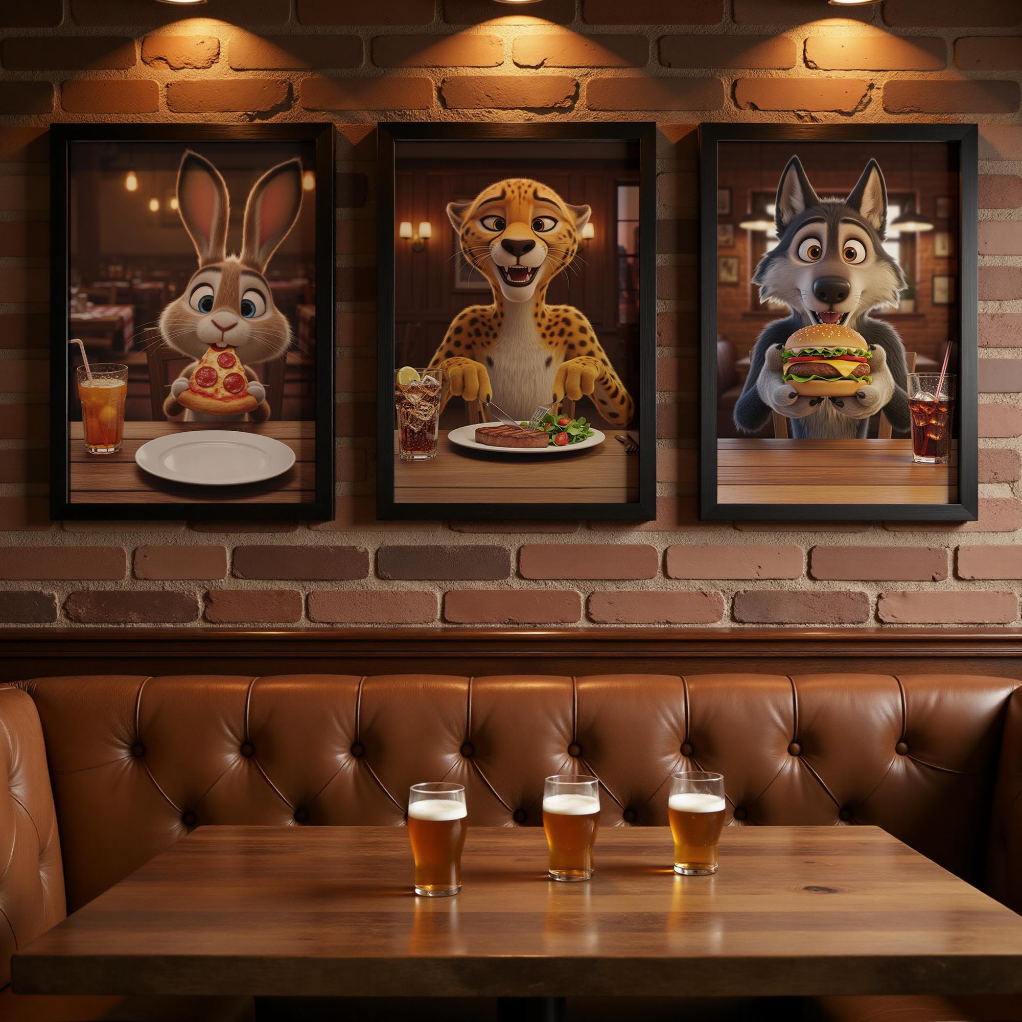 32 Cute Animals Eating at Restaurant Wall Art Bundle - Printable Bar ...