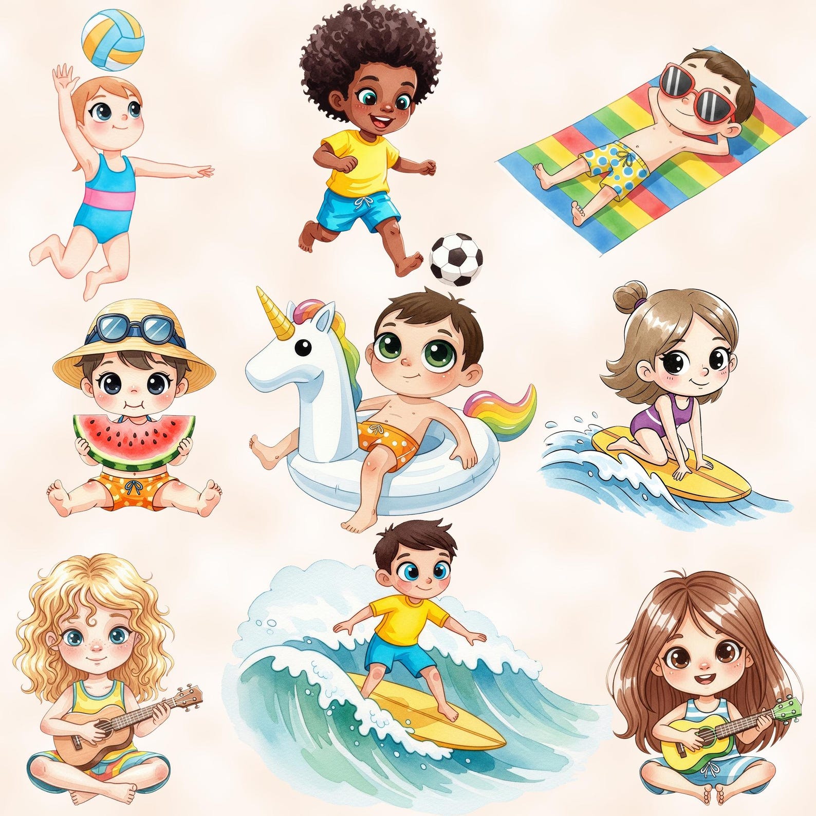 Kids Beach Activities PNG Bundle, Watercolor Clipart, Summer Beach ...