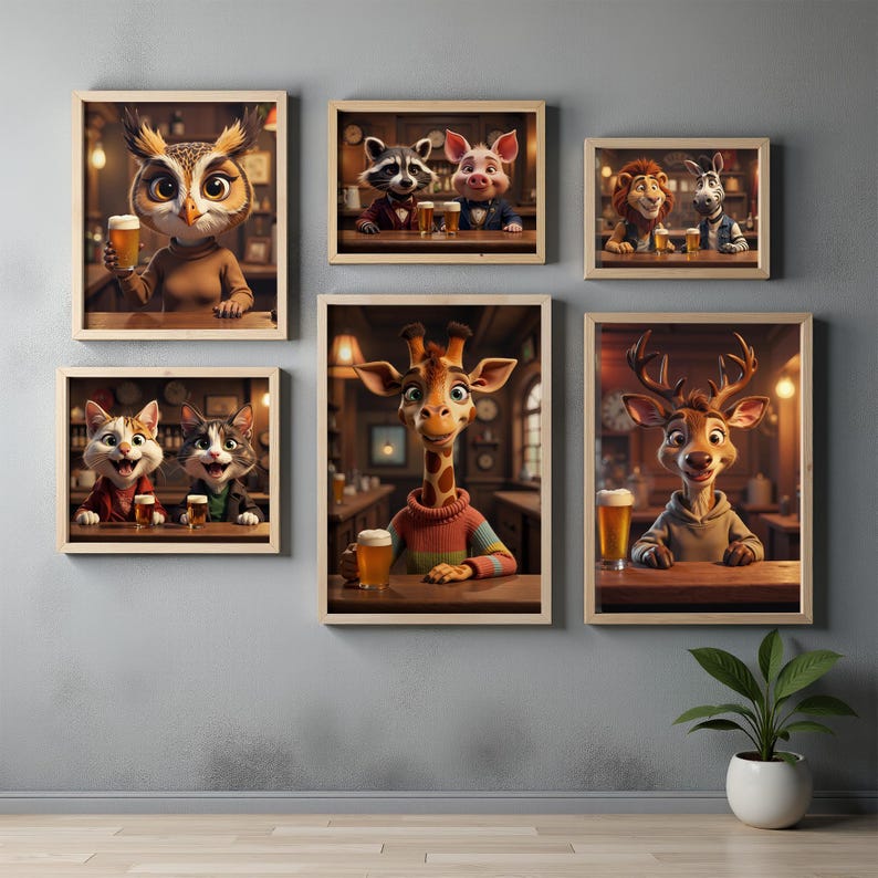 Animals Drinking Beer Bundle for Bar Wall Art - Restaurant Decor - Cute ...