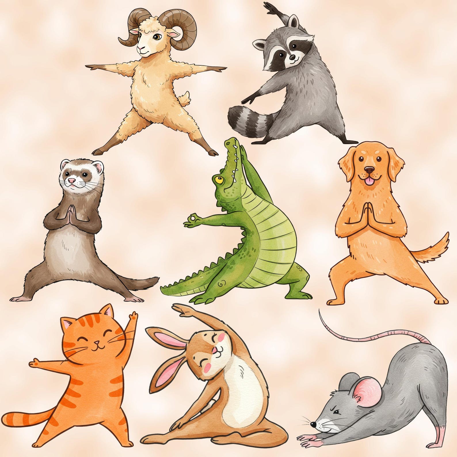Watercolor Animals Doing Yoga Clipart Bundle - Cute Animal Pngs for ...