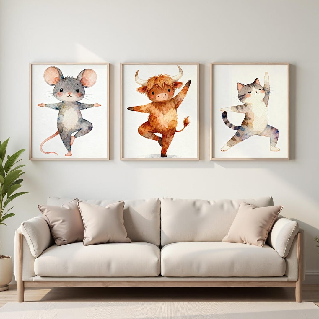 Watercolor Animals Doing Yoga Wall Art Bundle - Cute Animal Room Decor ...