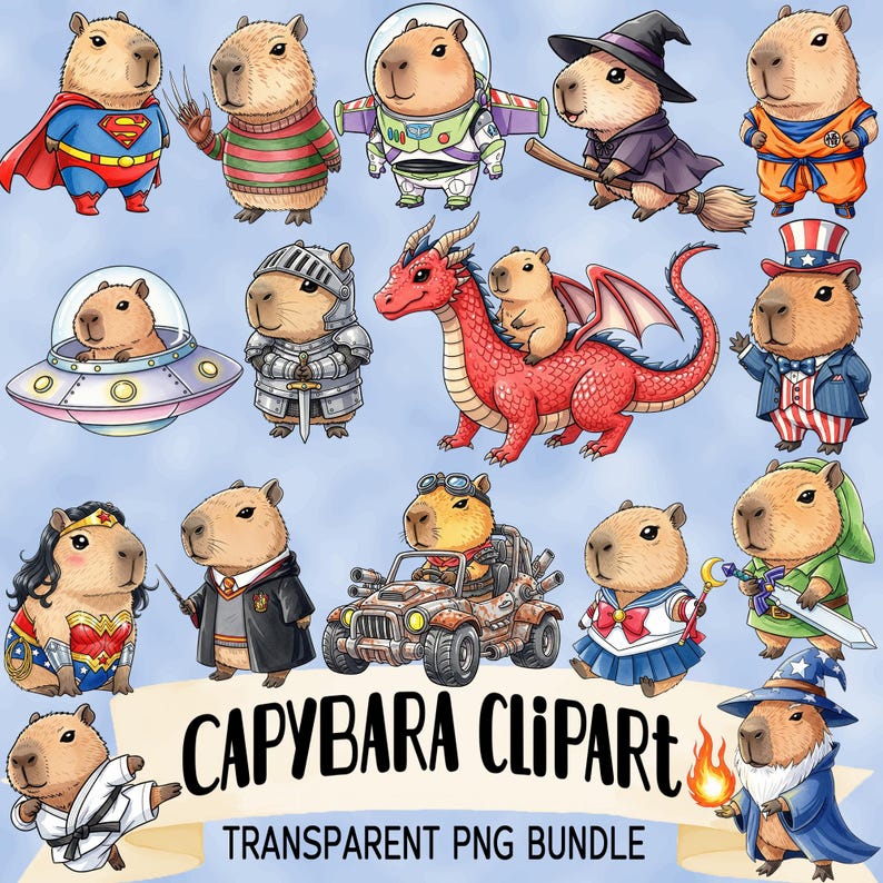 Funny Capybara Bundle - Fun and Cute Sublimation PNG Designs - Cartoon Clipart - Capybara ...