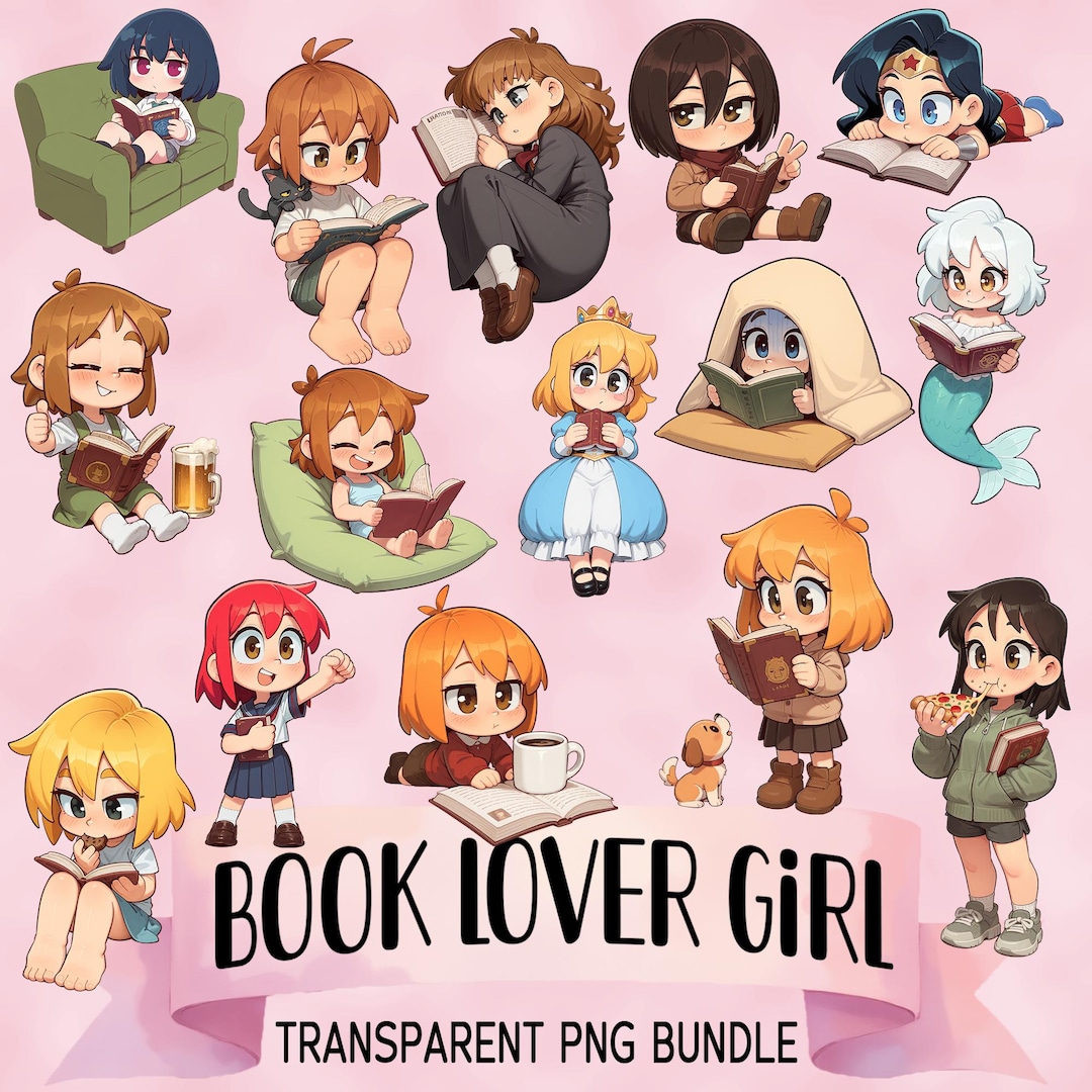 Cute Girl Reading Bundle - Book Lovers Sublimation PNG Designs - Kawaii ...