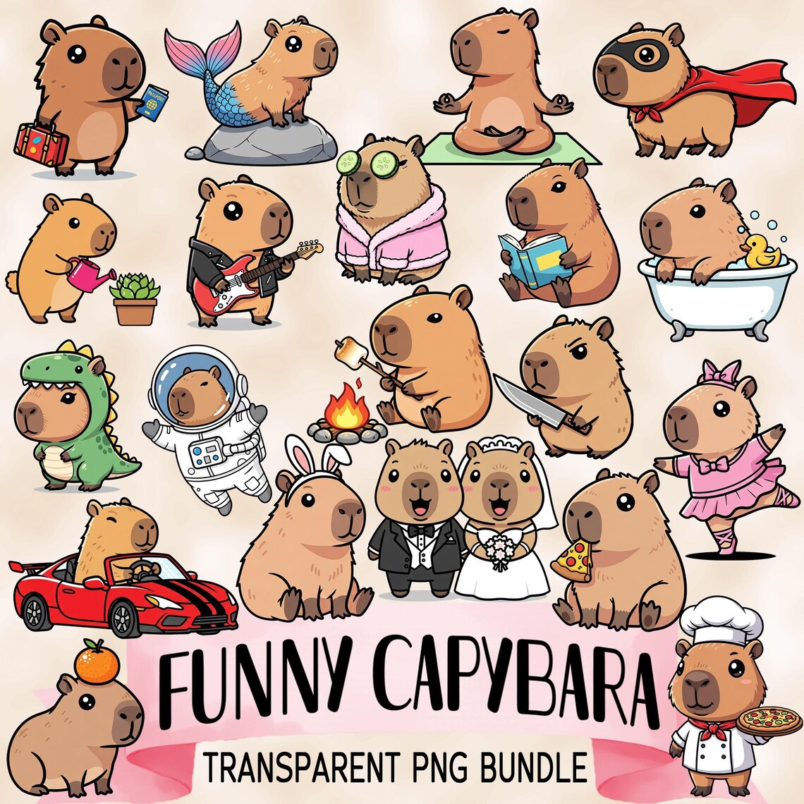 Fun Capybara Bundle - Funny and Cute Sublimation PNG Designs - Cartoon ...