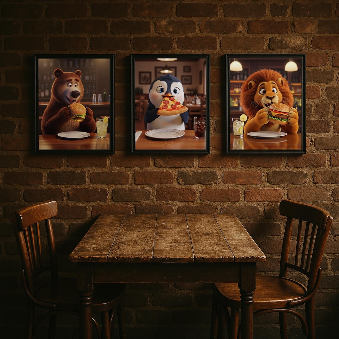 32 Cute Animals Eating at Restaurant Wall Art Bundle - Printable Bar ...