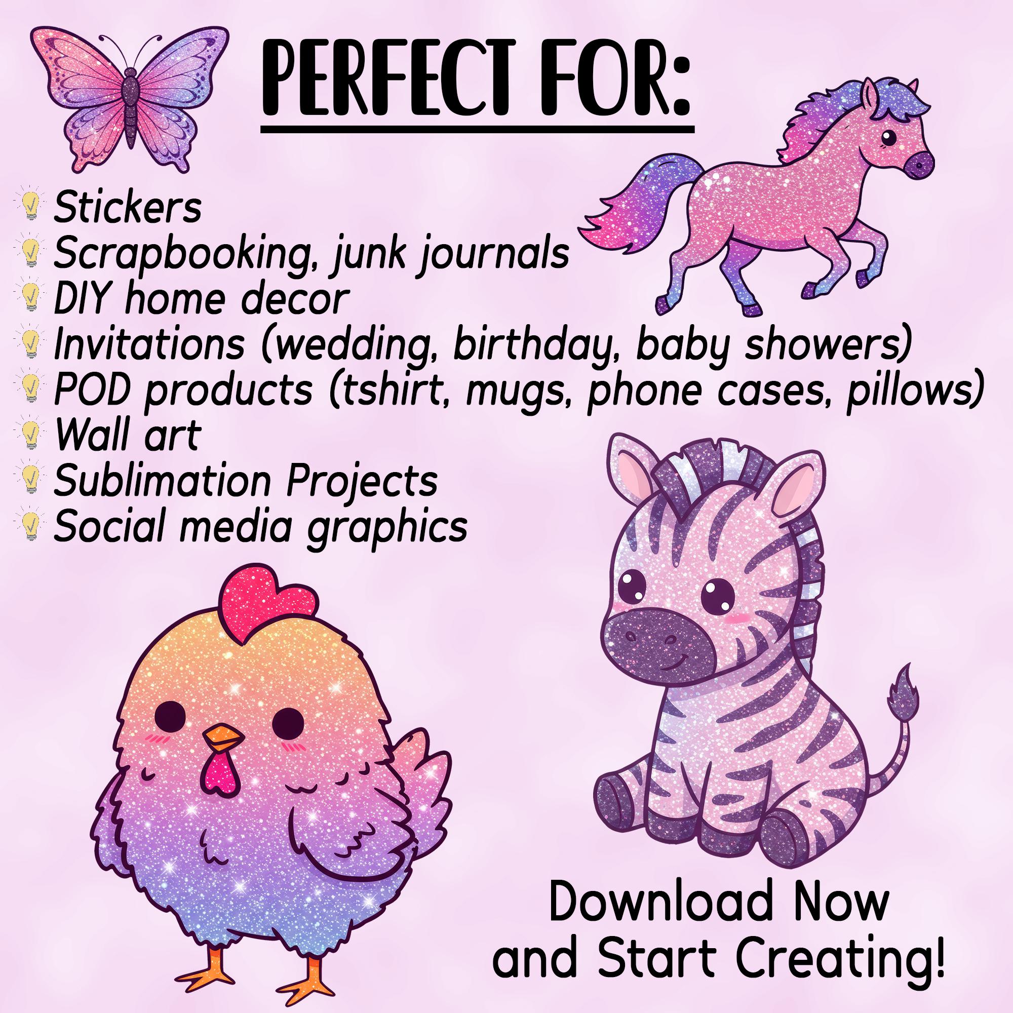 Cute Shiny Animals Clipart Bundle - Sparkly Kawaii Animal Pngs for Kids ...