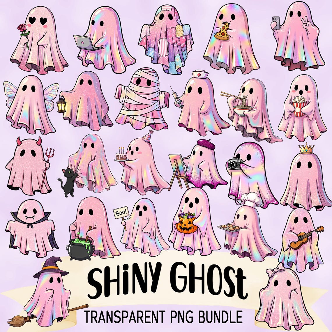 Pink Glitter Ghost Clipart Bundle - Spooky Coquette Halloween PNG ...