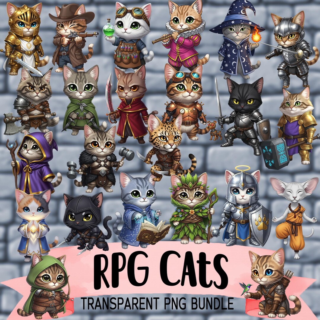 RPG Cats Bundle - TTRPG Classes PNG Clipart - Cat Heroes Stickers ...
