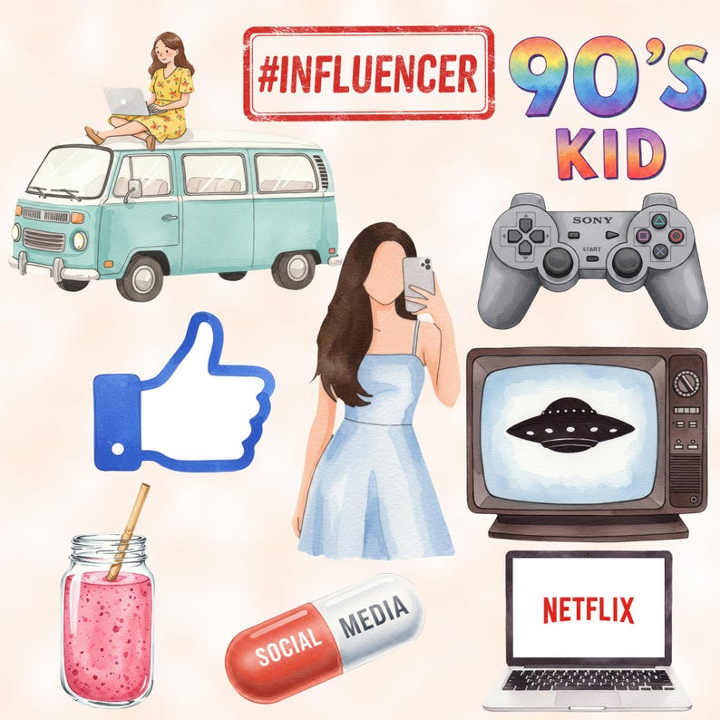Millennial Aesthetic PNG Bundle, Watercolor Clipart, Retro Sublimation ...