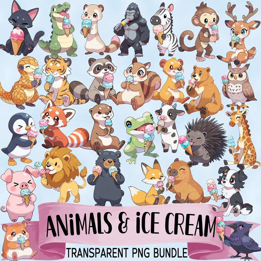 Animals Eating Ice Cream Bundle - Cute Animals Sublimation PNG Designs ...