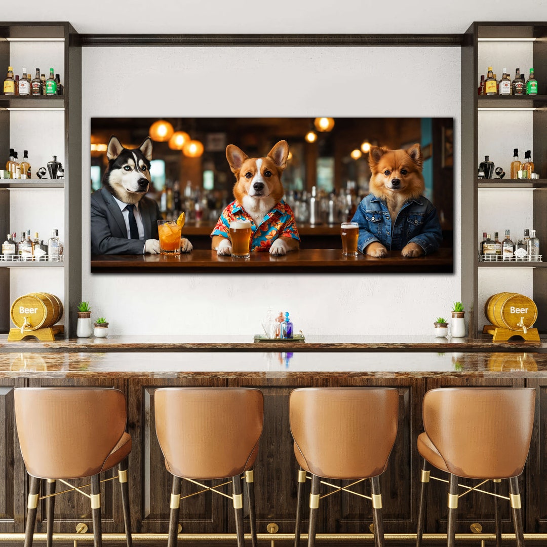 Dogs Drinking at the Bar, Funny Bar Decor - Dogs Wall Art Bundle- Man ...