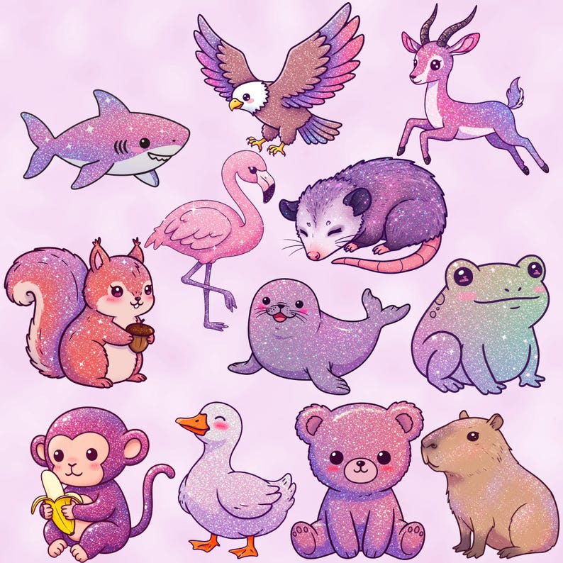Cute Shiny Animals Clipart Bundle - Sparkly Kawaii Animal Pngs for Kids ...