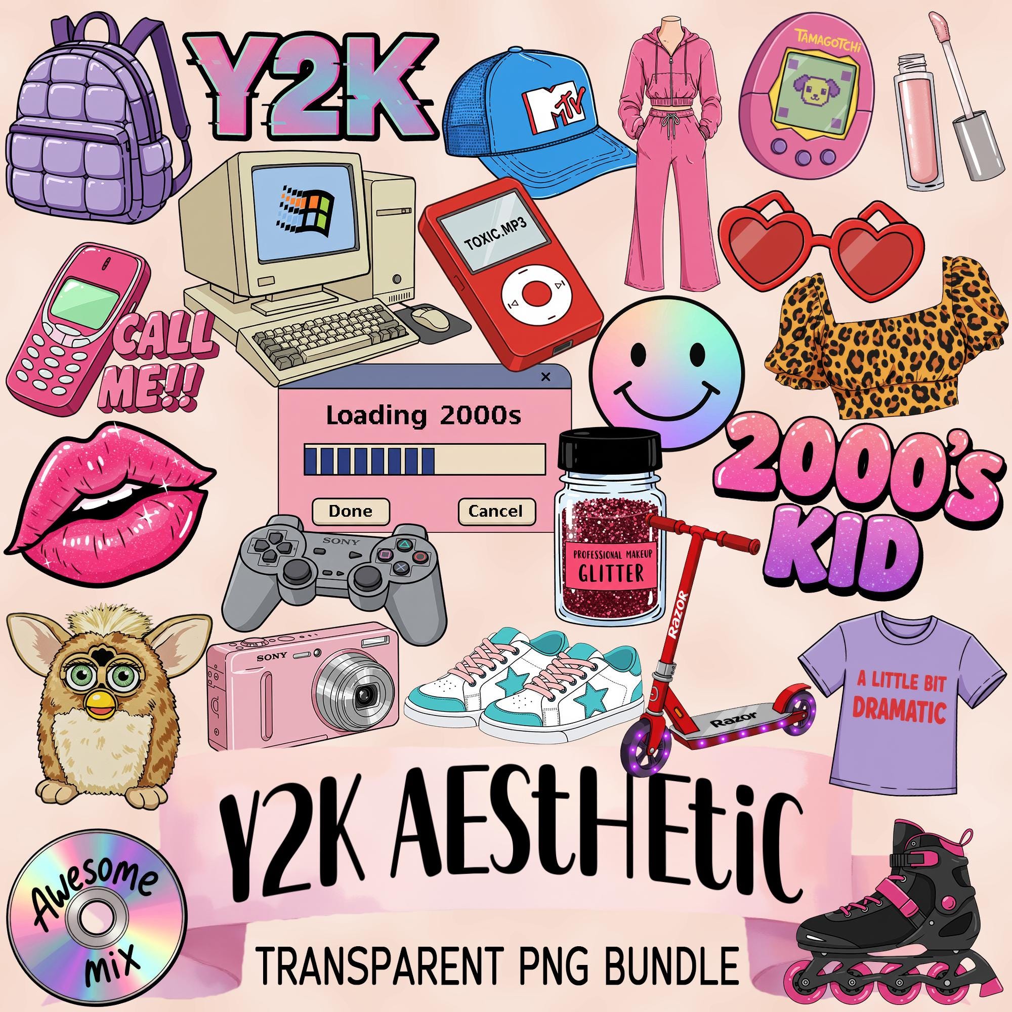 Y2K Aesthetic PNG Bundle, 2000s Clipart, Retro Sublimation Designs, Y2K ...