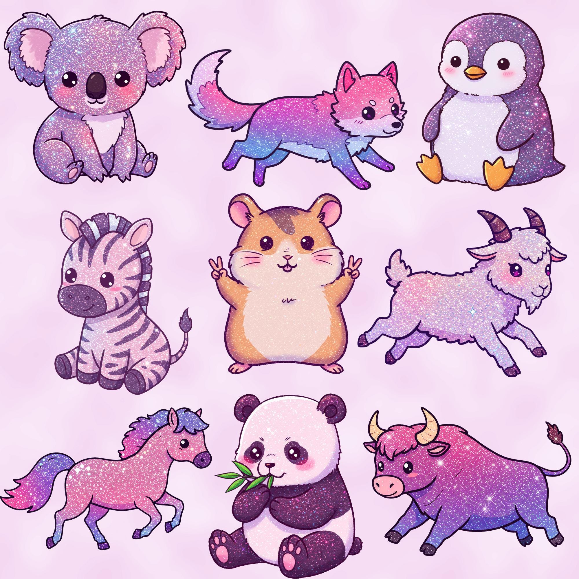 Cute Shiny Animals Clipart Bundle - Sparkly Kawaii Animal Pngs for Kids ...