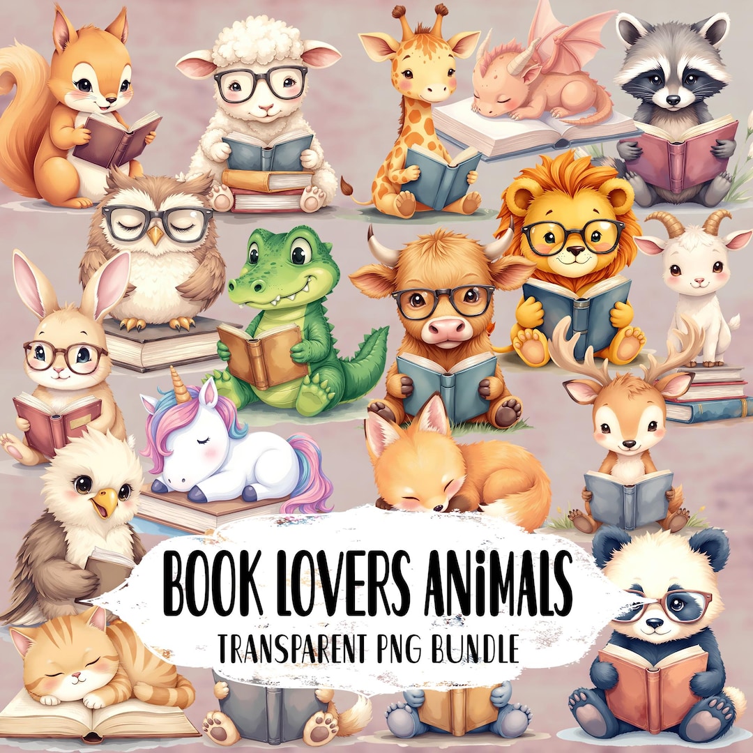 Cute Animals Reading Bundle - Book Lovers Sublimation PNG Designs ...