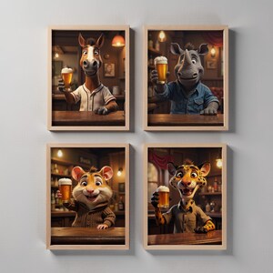 Animals Drinking Beer Bundle for Bar Wall Art - Restaurant Decor - Cute ...