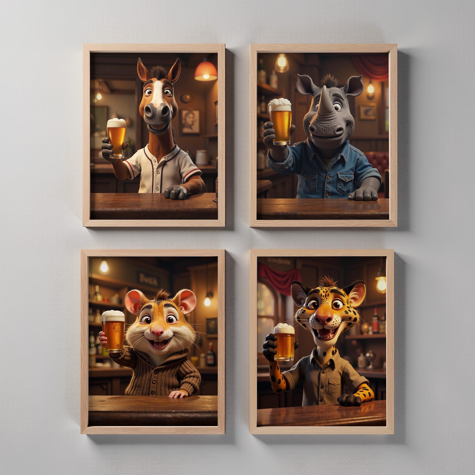 Animals Drinking Beer Bundle for Bar Wall Art - Restaurant Decor - Cute ...