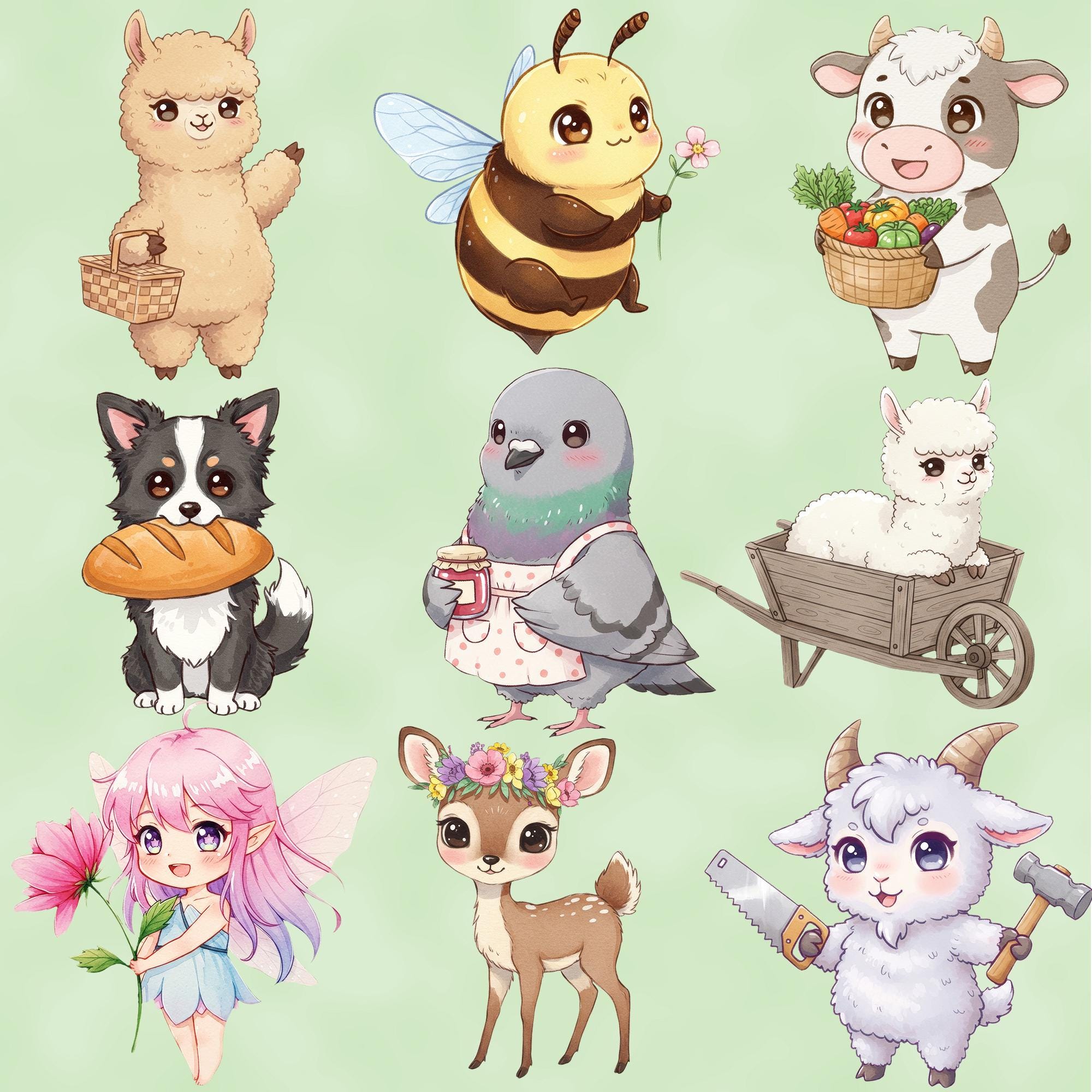Kawaii Cottagecore Bundle, Cute Rural Animals Sublimation PNG Designs ...