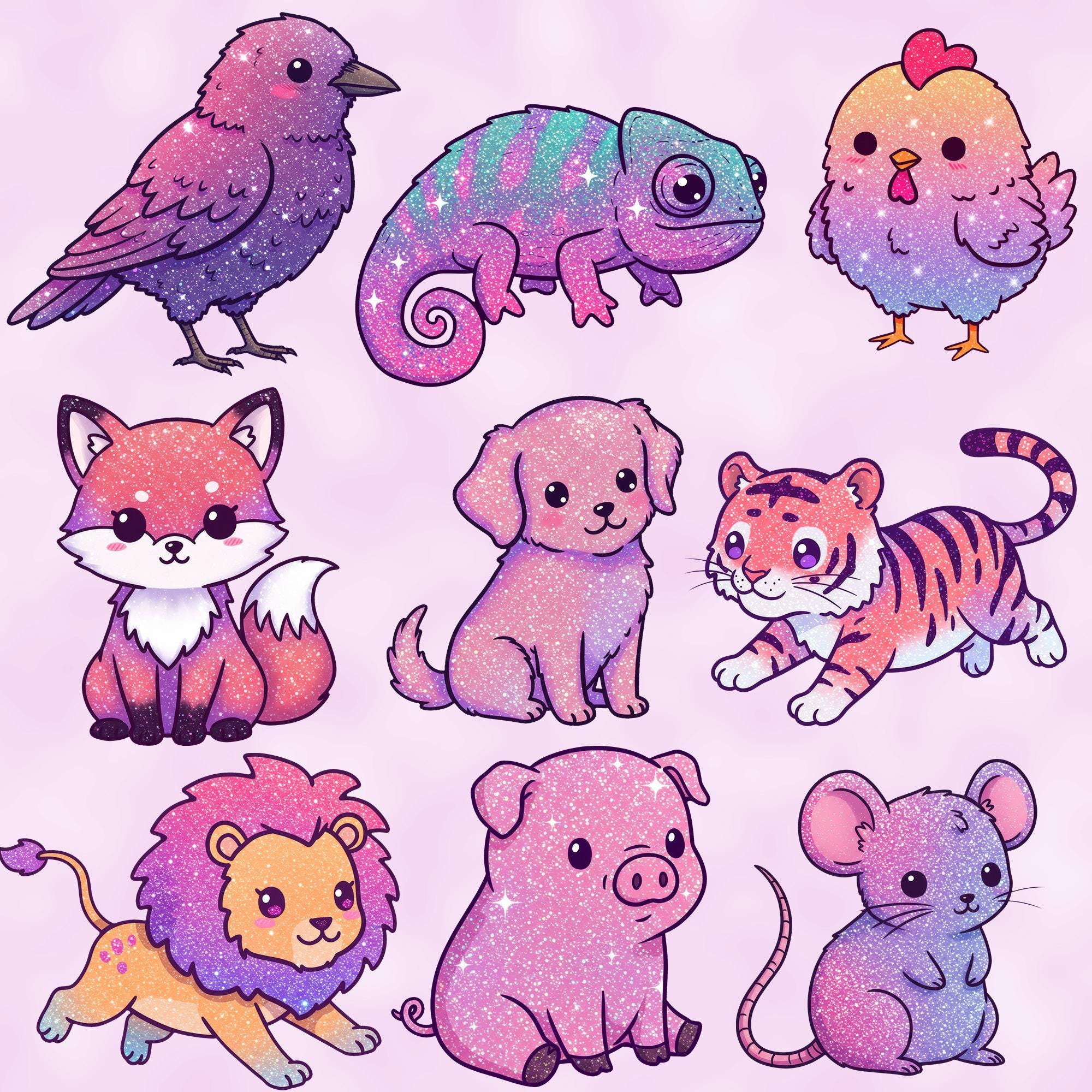 Cute Shiny Animals Clipart Bundle - Sparkly Kawaii Animal Pngs for Kids ...