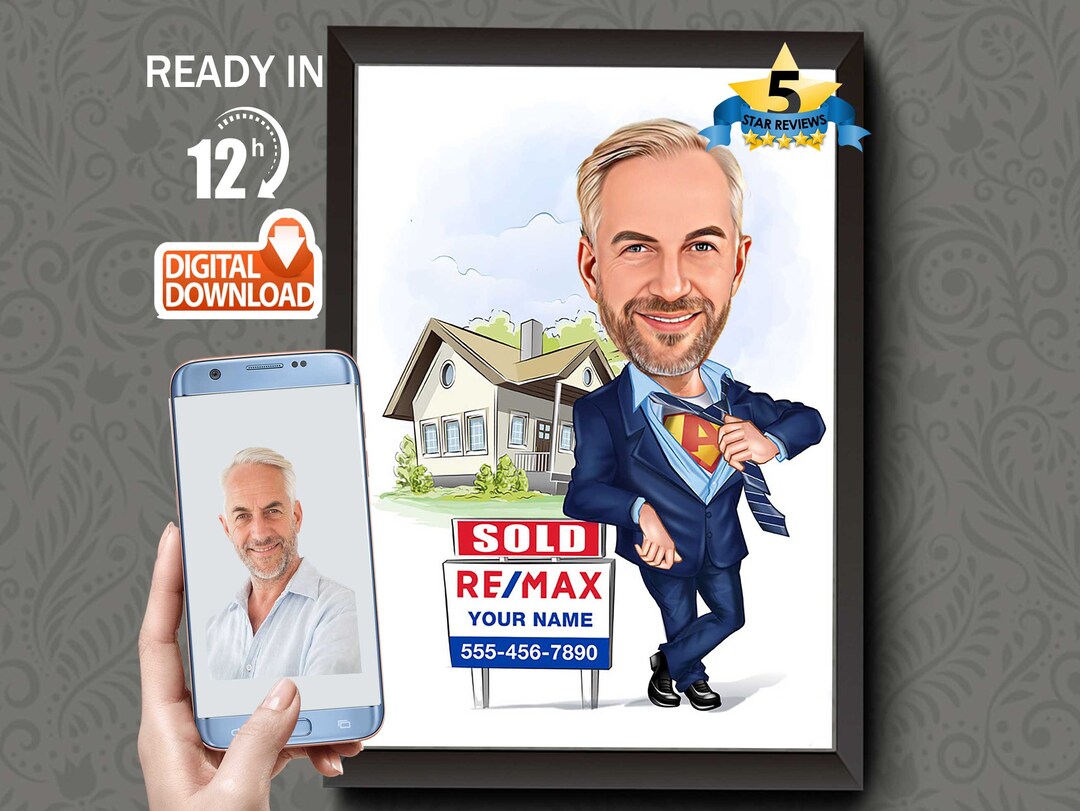 Custom Realtor Cartoon Portrait, Super Realtor Caricature, Gift for ...