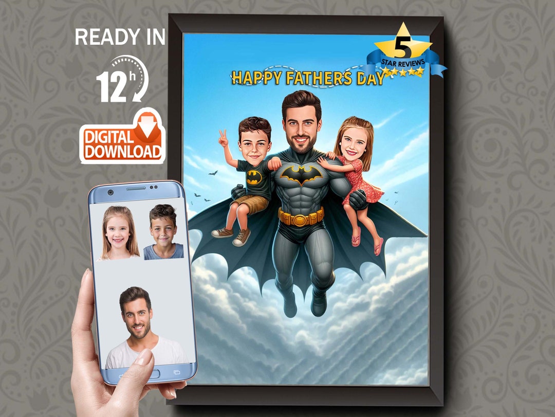 Custom Batman Caricature Portrait, Dad and Son Superhero Cartoon ...