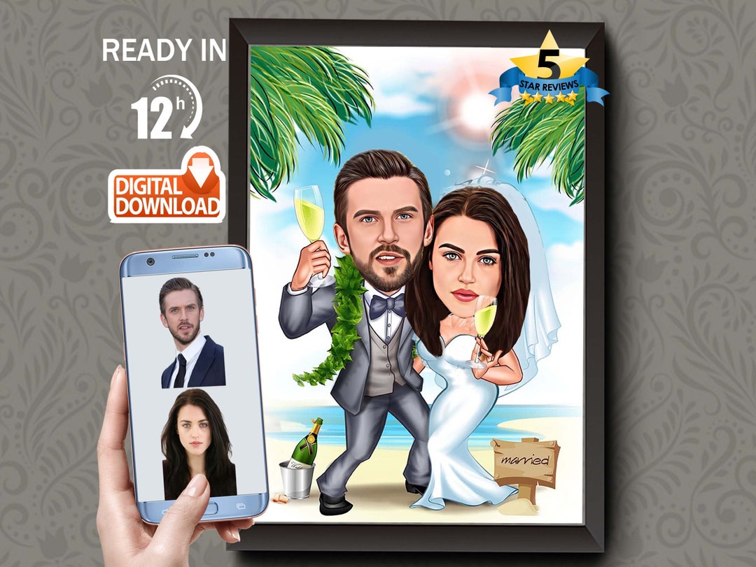 Personalized Married Couple Cartoon Custom Caricature Marriage Proposal Gift Wedding Digital ...