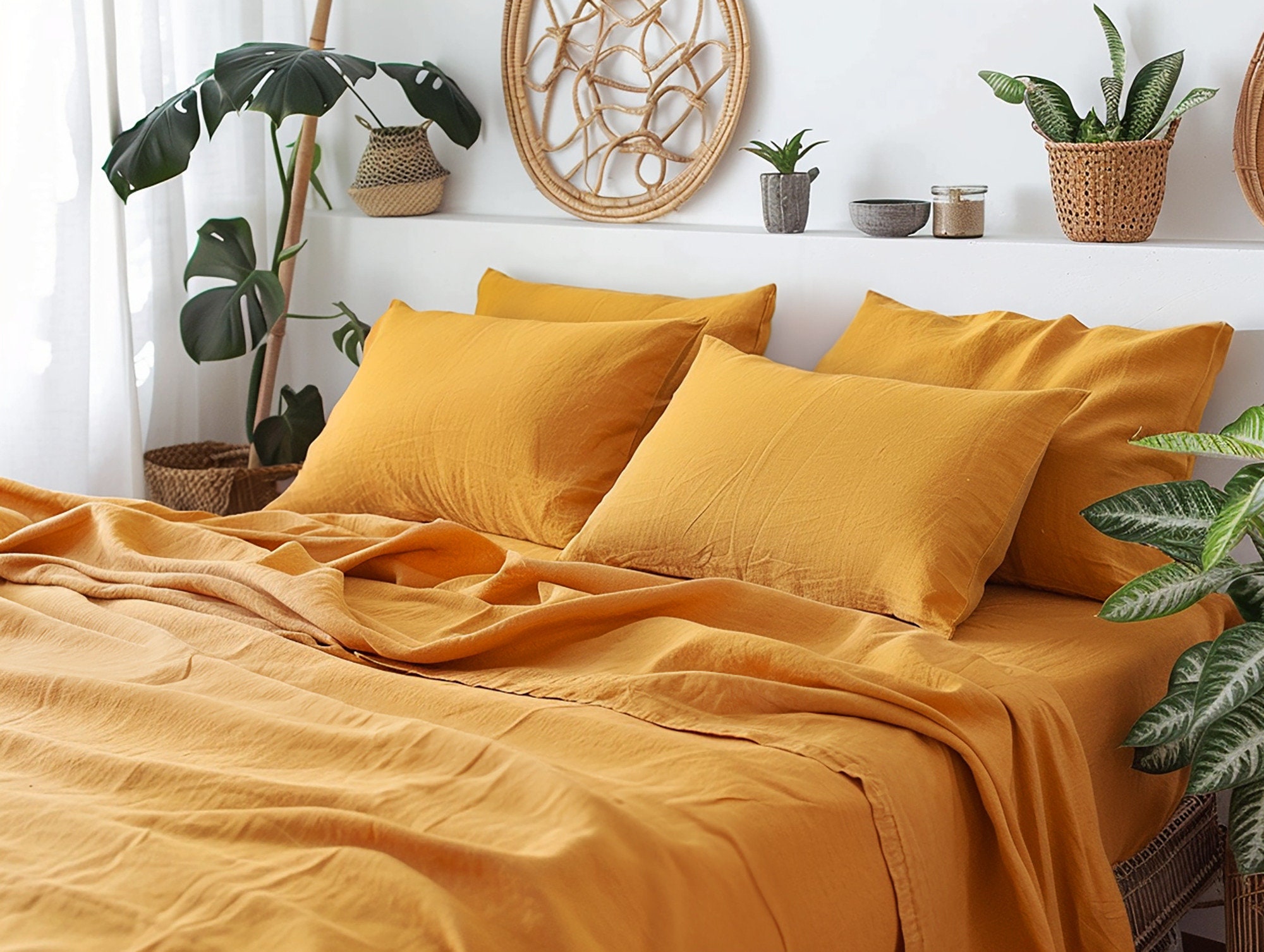 Curry Linen Sheet Set Flat Sheet Fitted Sheet 2 Pillowcases Yellow ...