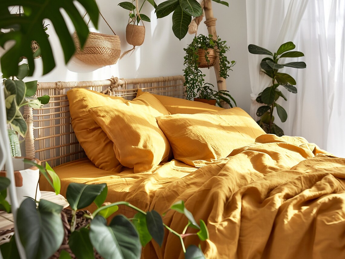 Curry Linen Sheet Set Flat Sheet Fitted Sheet 2 Pillowcases Yellow ...