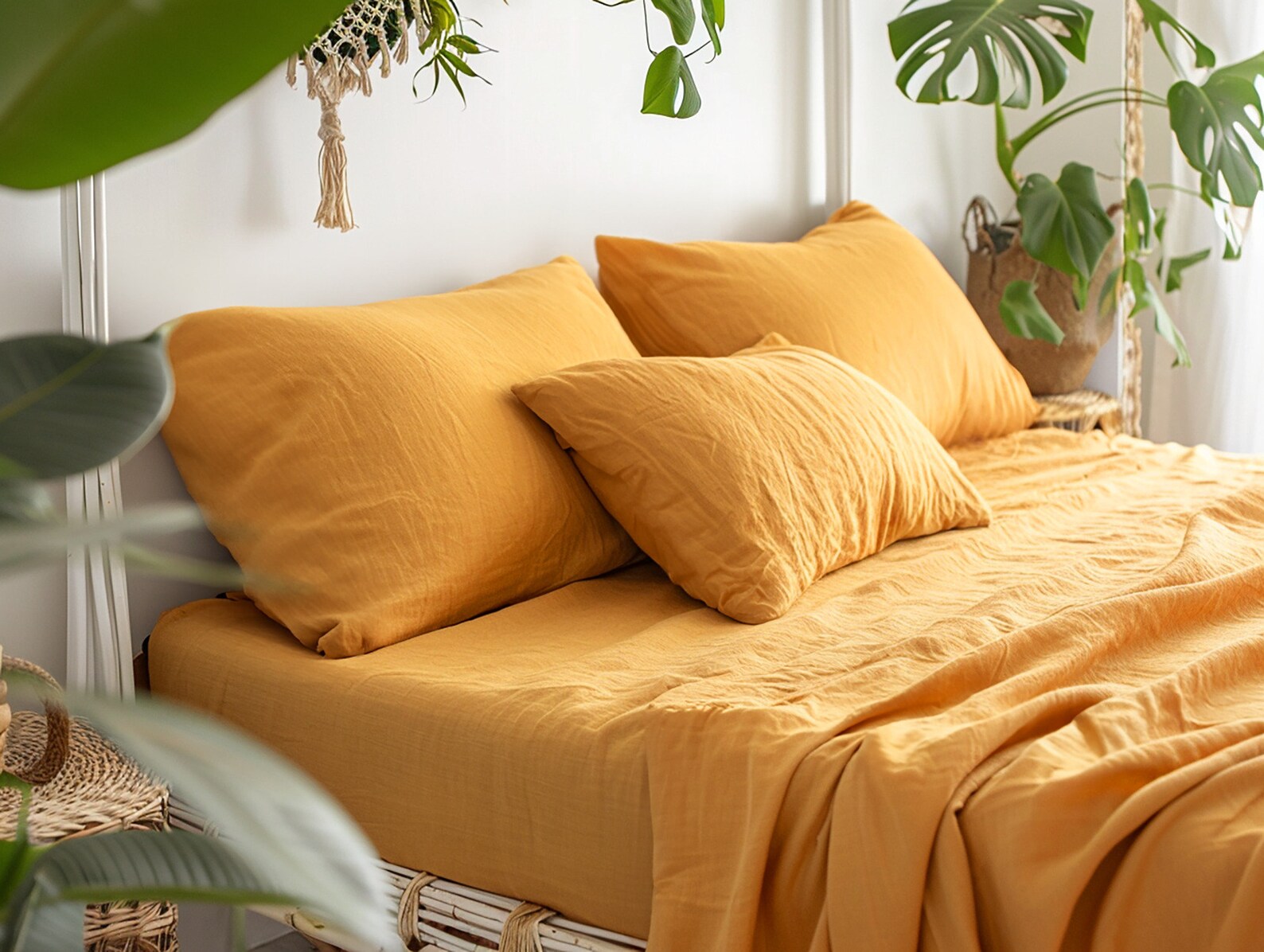 Curry Linen Sheet Set Flat Sheet Fitted Sheet 2 Pillowcases Yellow ...