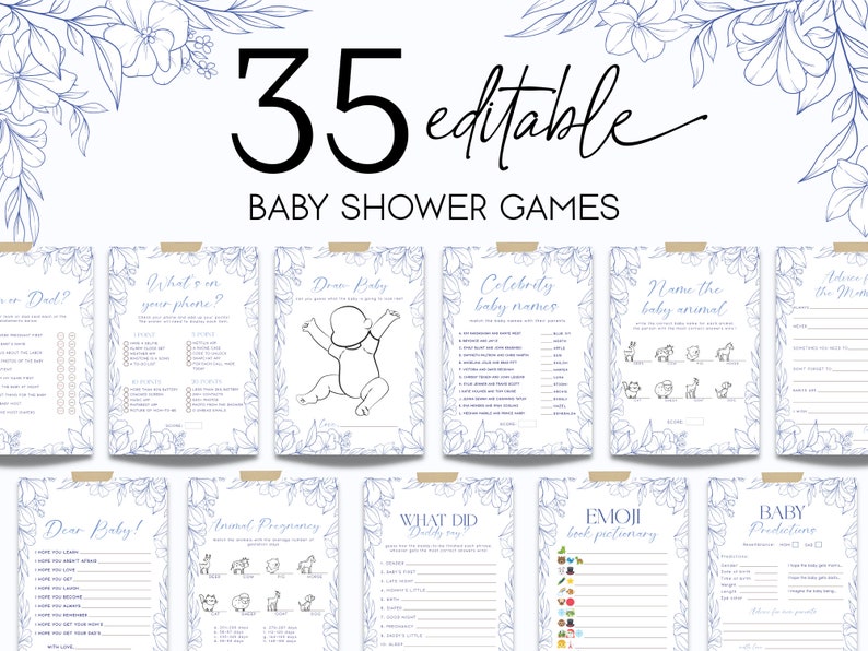 Editable Dusty Blue Baby Shower Games Bundle Blue Floral Baby Shower ...