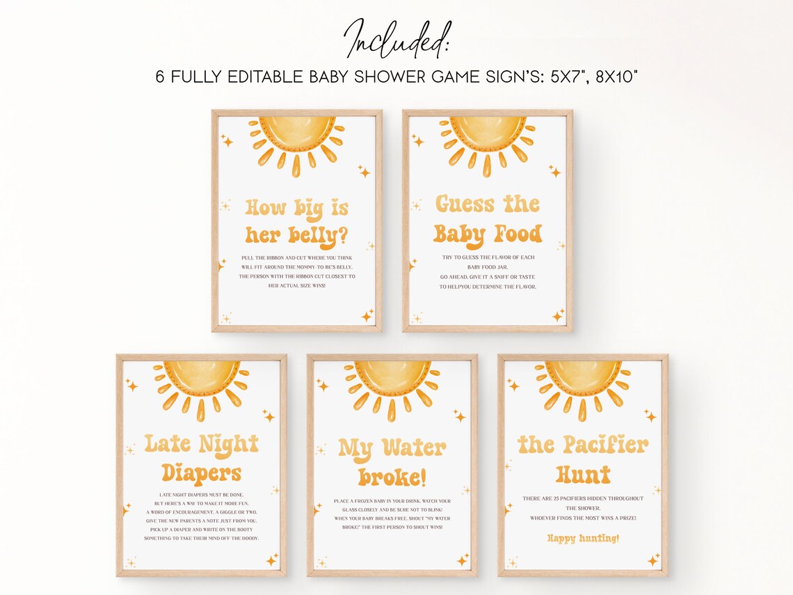 Editable Sunshine Baby Shower Games Bundle Retro Sun Baby Shower Game ...