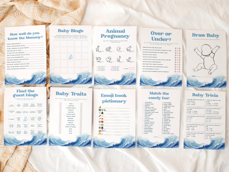 Editable Beach Baby Shower Games Bundle Coastal Games Bundle Waves Baby ...