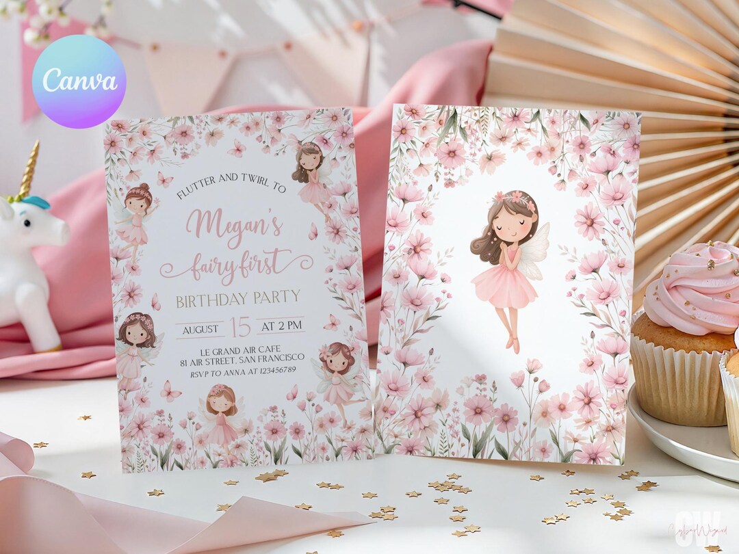 Fairy First Birthday Invitation – Girl’s 1st Bday Pink Theme (editable ...