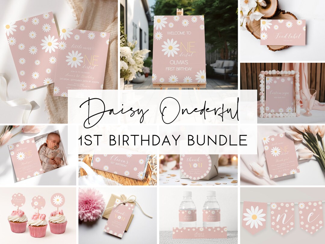 Daisy 1st Birthday Bundle Printable Pink Daisy Birthday Party Set ...