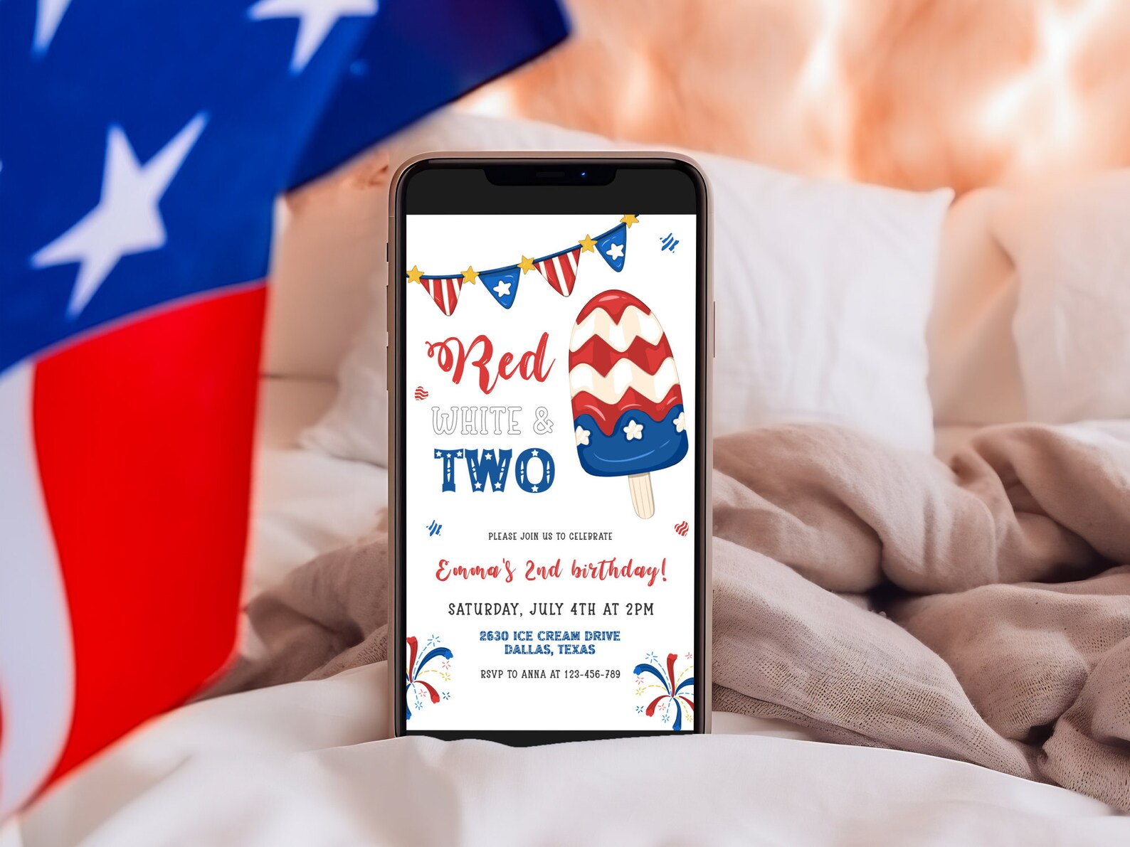 Four of July Patriotic 2nd Birthday Invite, Red White and Two Birthday ...