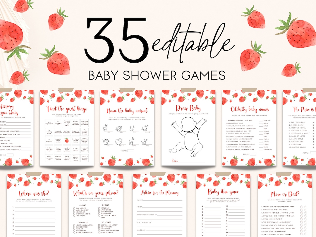 Editable Strawberry Baby Shower Games Bundle A Berry Sweet Baby Shower ...