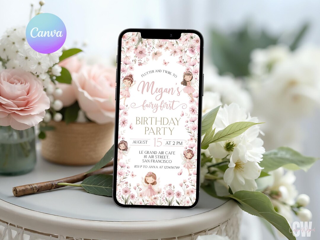 Fairy First Birthday Phone Invitation – Enchanted Garden Theme ...