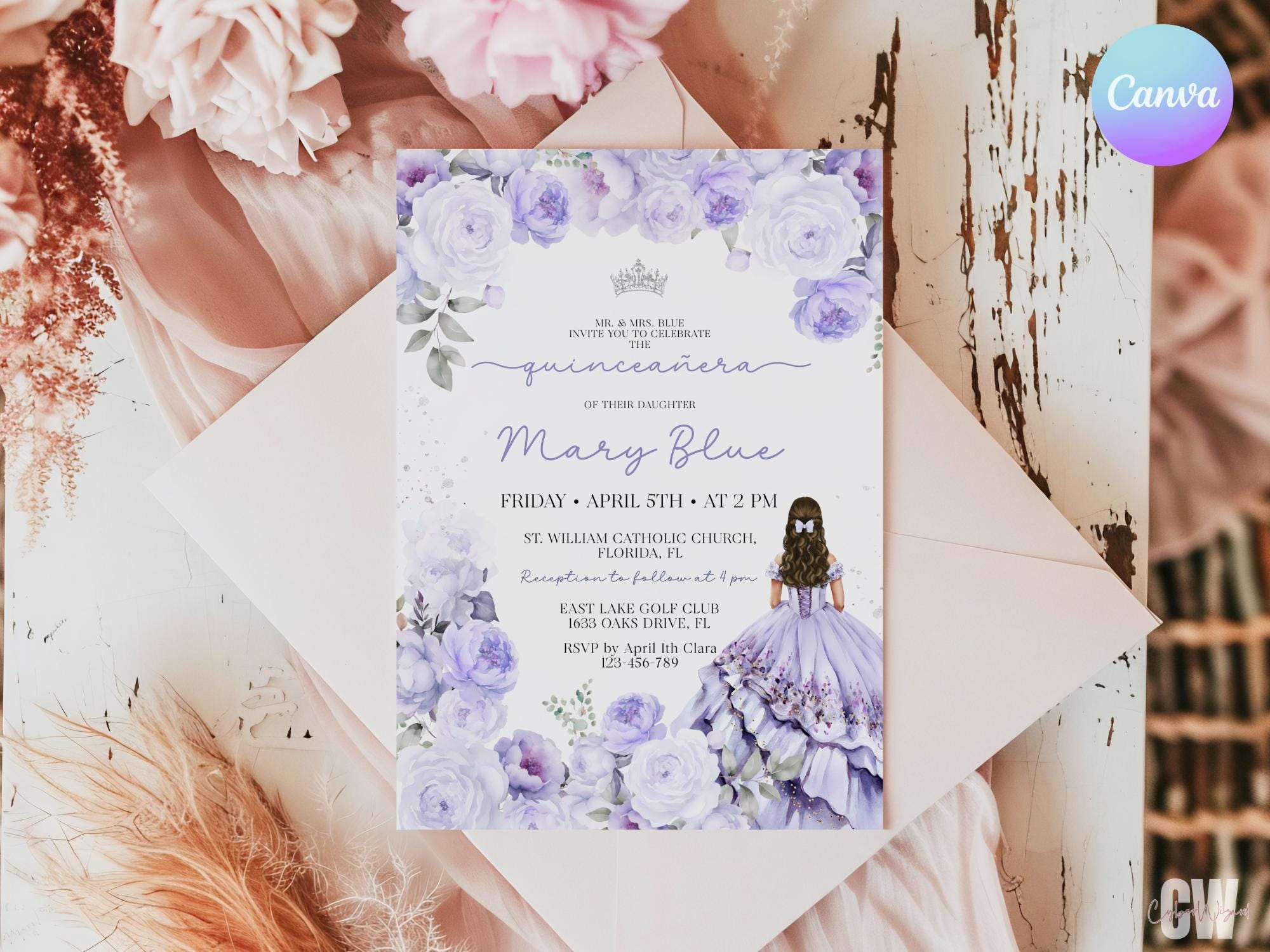 Pastel Purple Roses Quince Invite, Lilac Floral Quinceañera Invitation ...