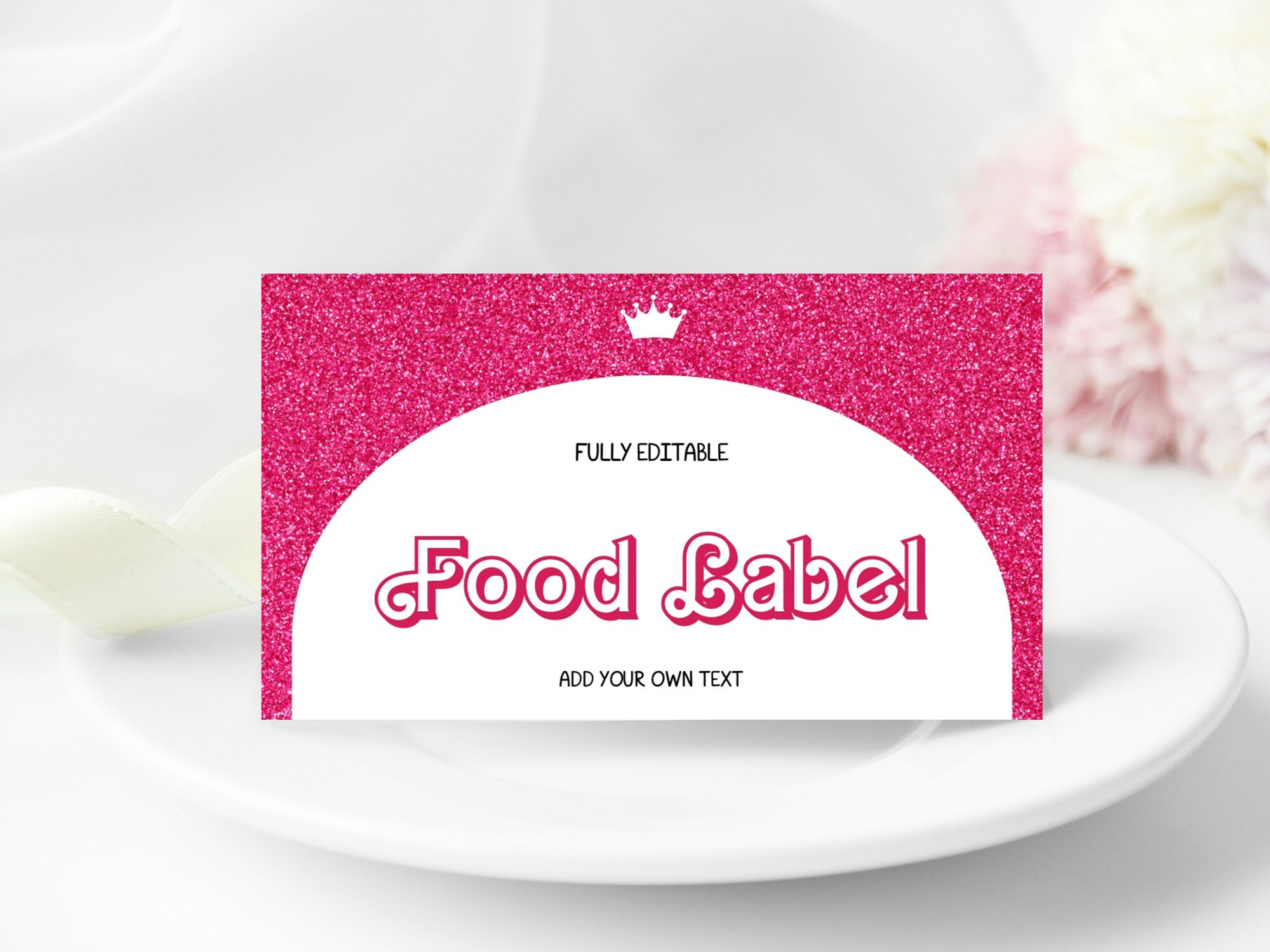 Editable Hot Pink Doll Food Labels Pink Glitter Food Tent Doll Birthday ...