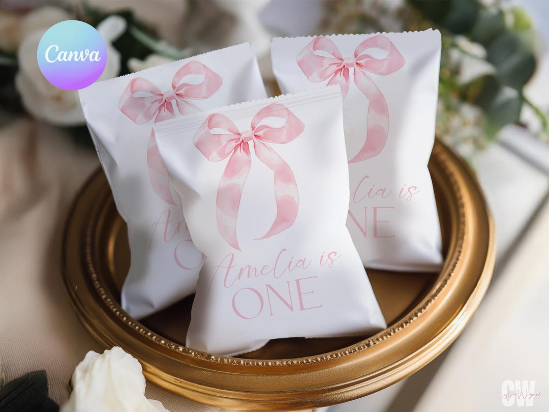 Coquette Bow 1st Birthday Chip Bag, Printable Pink Bow 1st Birthday ...