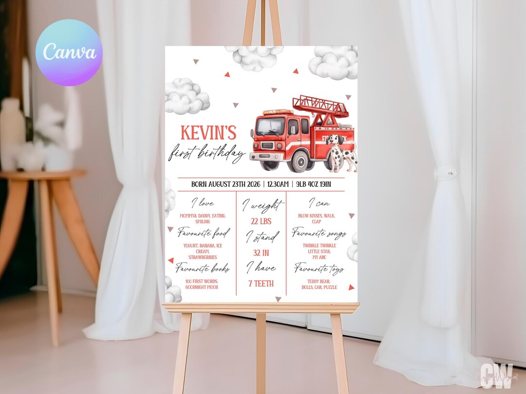 Firetruck First Birthday Milestone Poster – Fire Engine Stats Sign ...