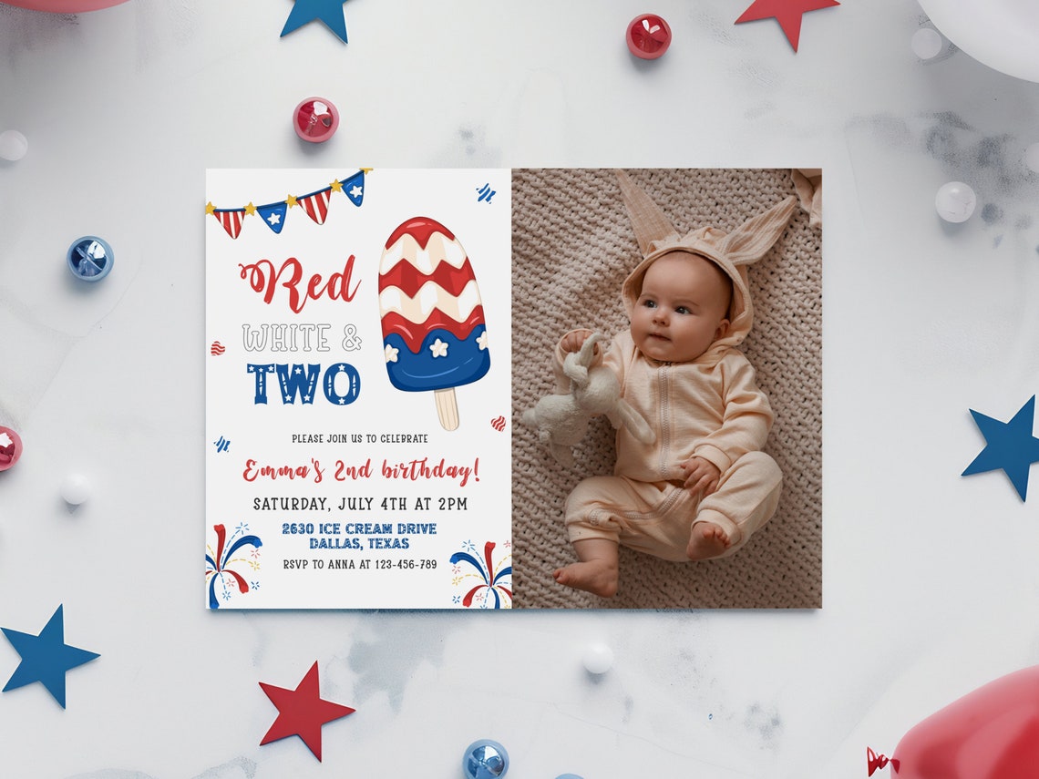 Four of July Patriotic 2nd Birthday Invite, Red White and Two Birthday ...
