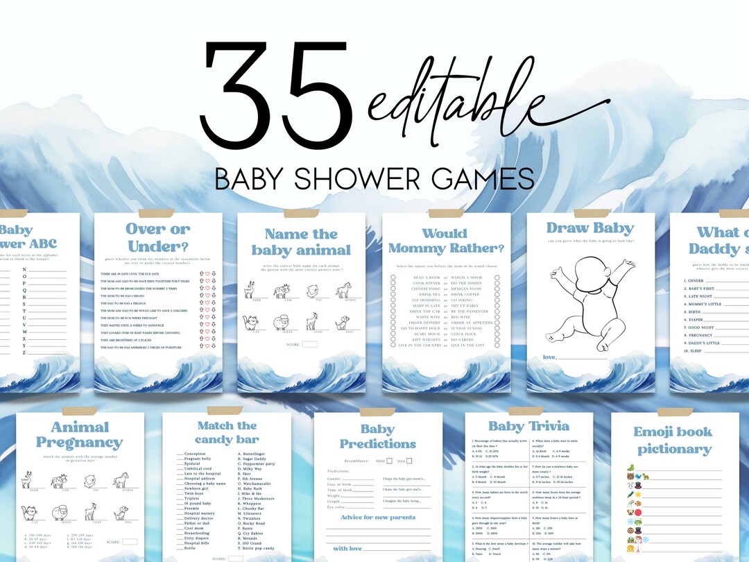 Editable Beach Baby Shower Games Bundle Coastal Games Bundle Waves Baby ...