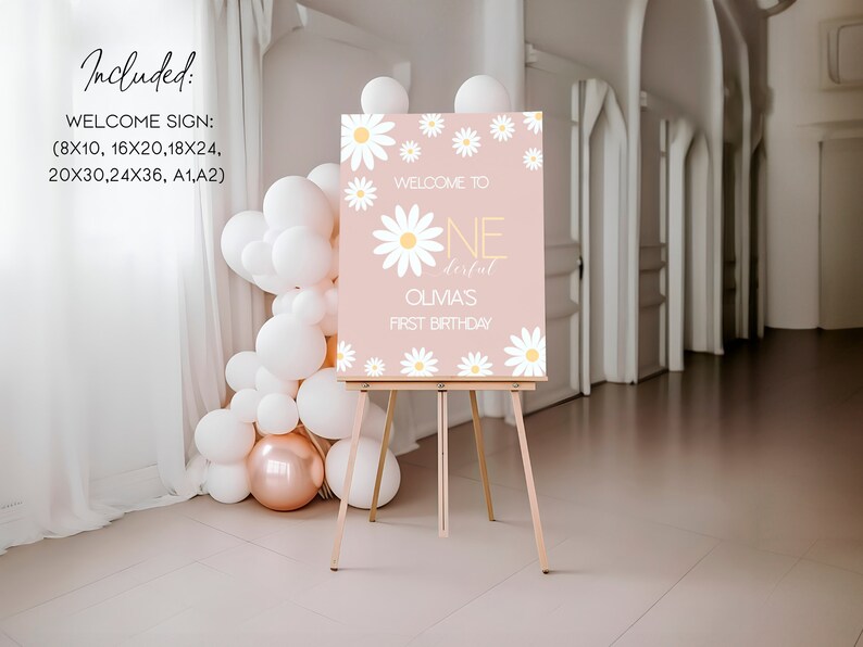 Daisy 1st Birthday Welcome Sign Pink Floral First Birthday Welcome Sign ...